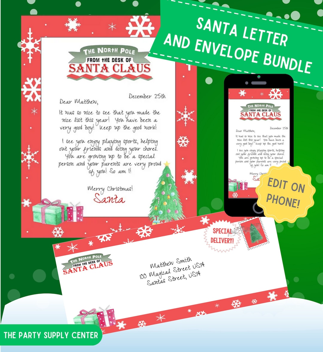 Santa Letter and Envelope Bundle, Letter From Santa, Santa Claus Letter ...