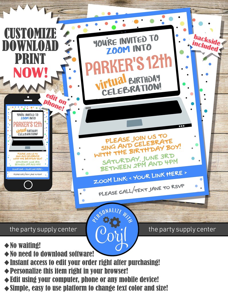 Virtual Birthday Invitation Zoom Birthday Invite Printable - Etsy