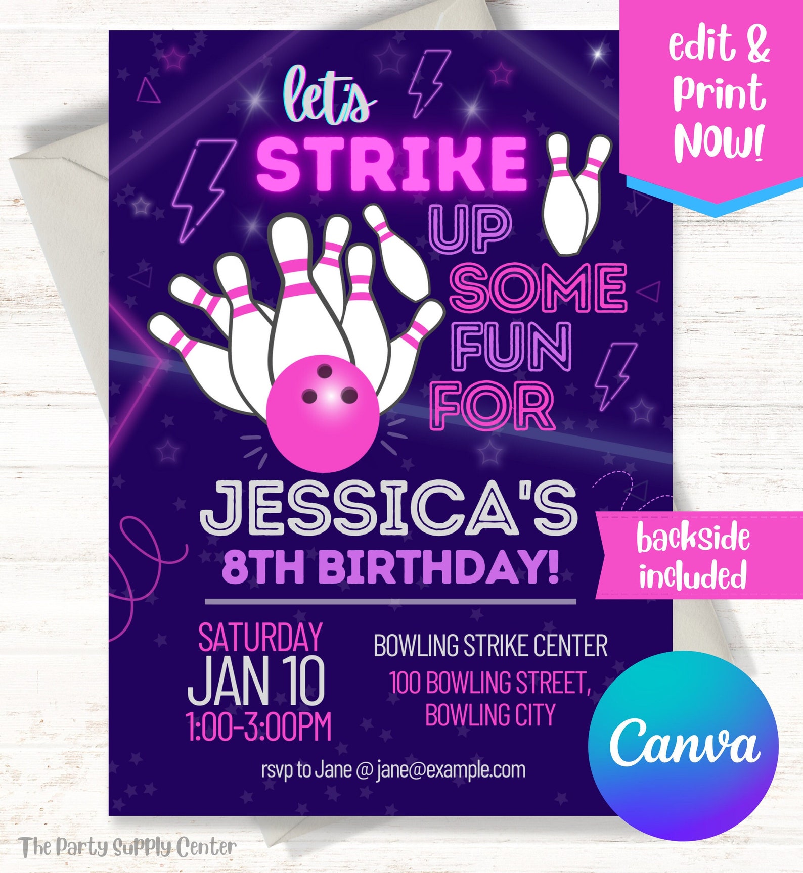 Bowling Neon Invitation, Bowling Neon Invitation, Girls Bowling Party ...