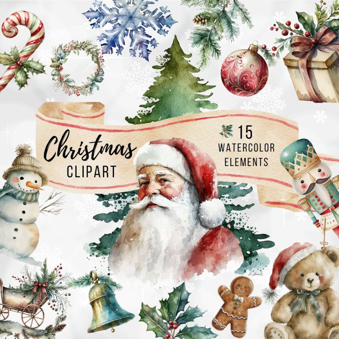 Christmas Watercolor Clipart, Christmas Clipart, Holiday Watercolor ...