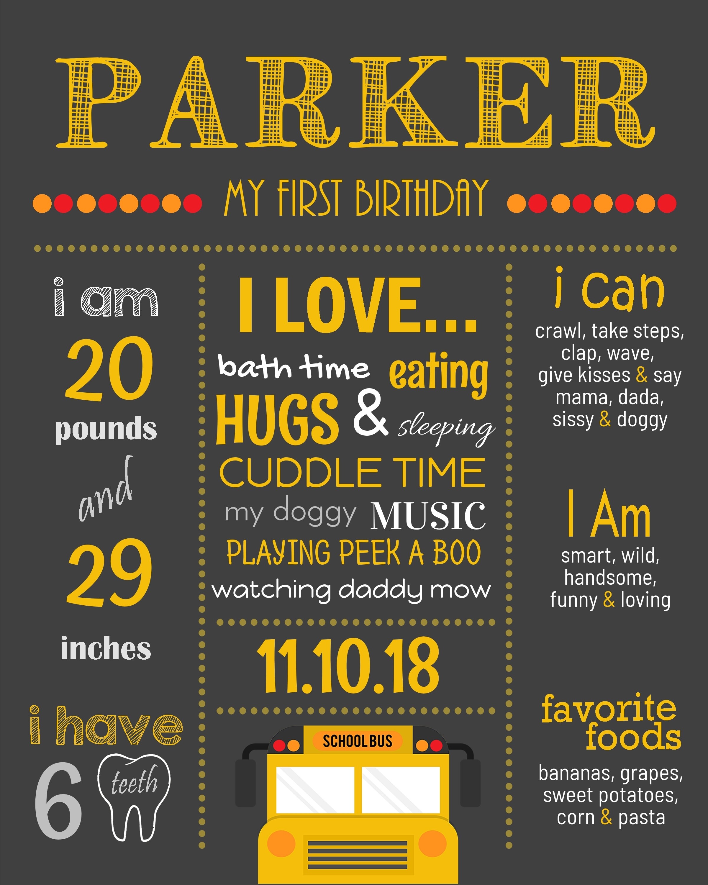 Wheels on Bus Birthday Poster, Stats Poster, Wheels on Bus Birthday ...