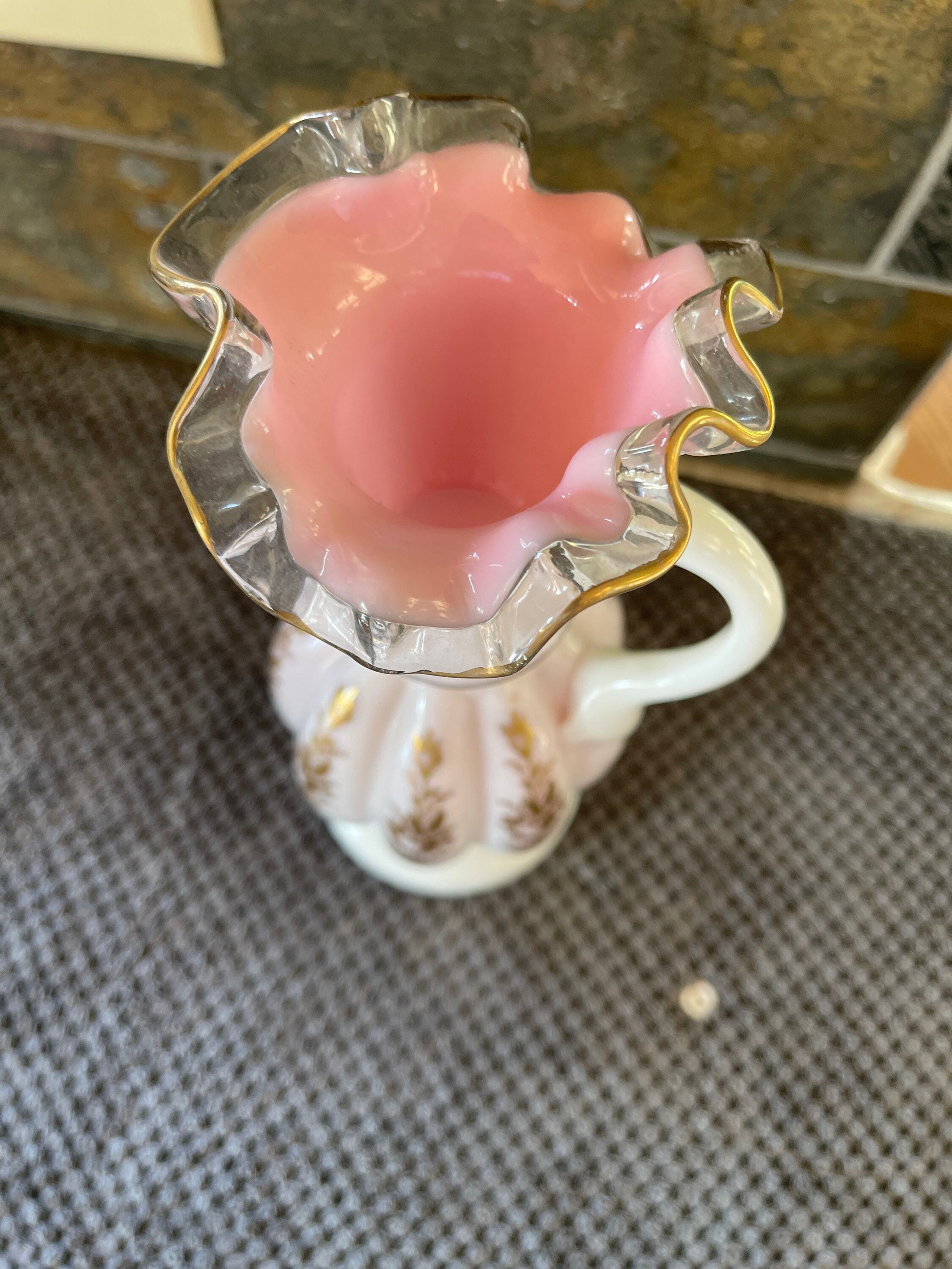Fenton Peach Crest Handled Jug Vase 9 Inches Tyndale Gold Rose Transfer ...