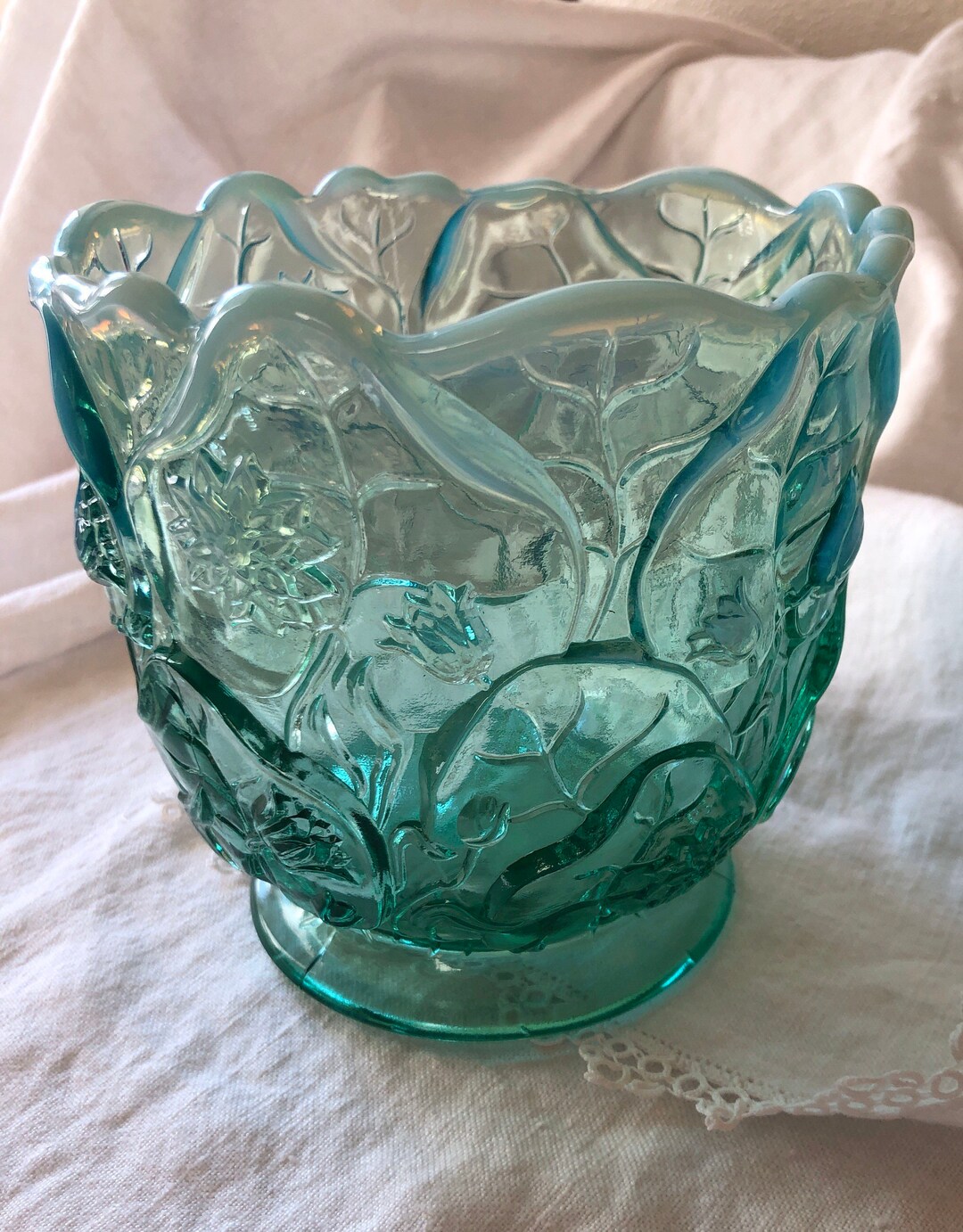 Fenton Aqua Jardiniere Vase With Water Lily Pattern Opalescent Edge - Etsy