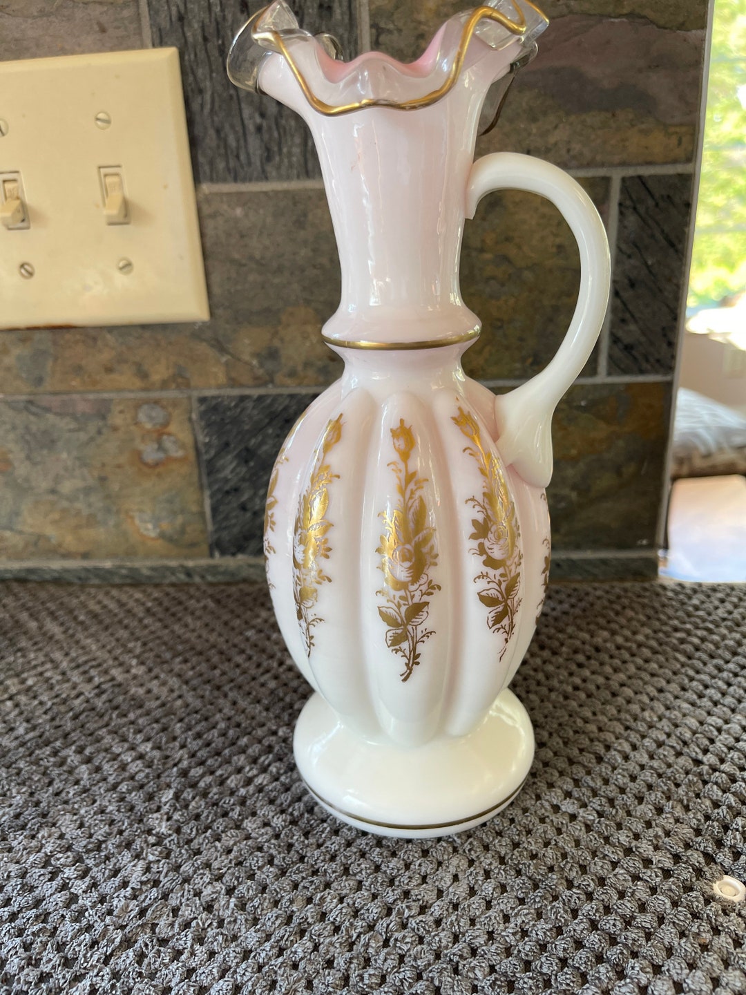 Fenton Peach Crest Handled Jug Vase 9 Inches Tyndale Gold Rose Transfer ...