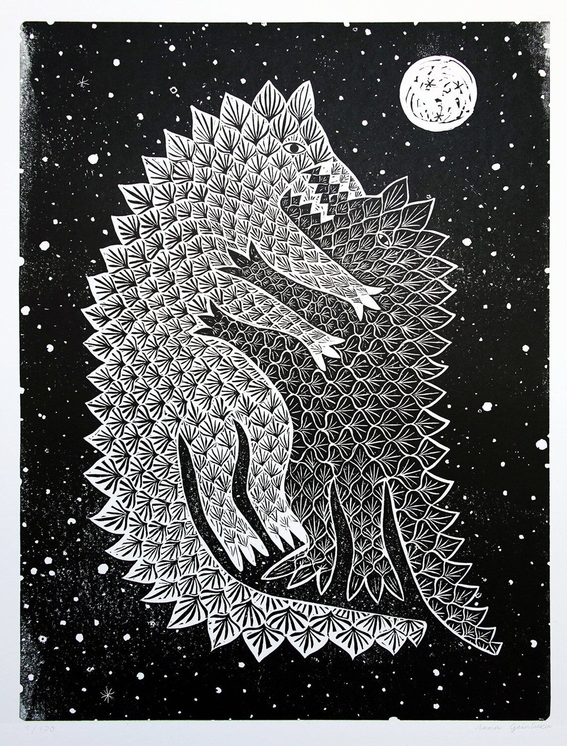 Linocut Print Dragon Fight Celestial Art - Etsy