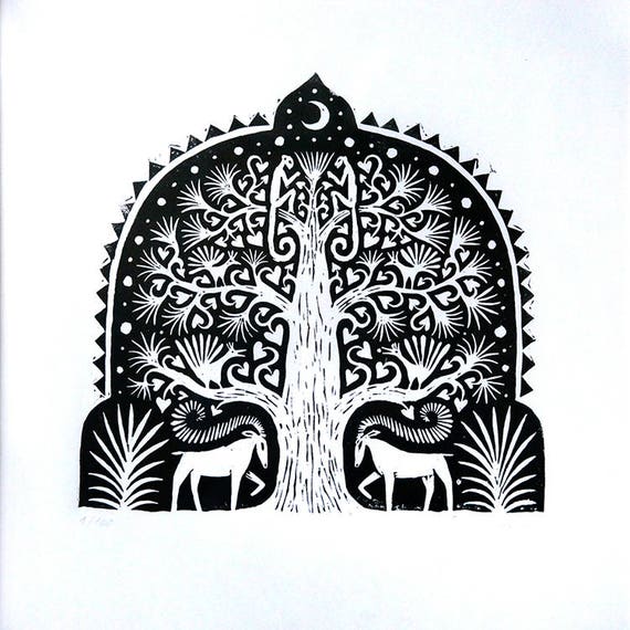 Miniature Goat linocut Solstice Lino Block Print Folk Art Oaktree ...