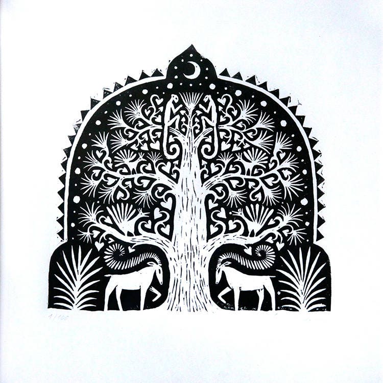 Linocut Print Lino Tree of Life Goat Art - Etsy