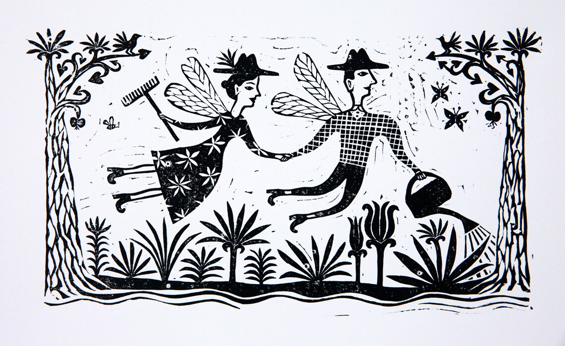 Garden Linocut Print Farm Couple in Orchard Fairy Flower | Etsy