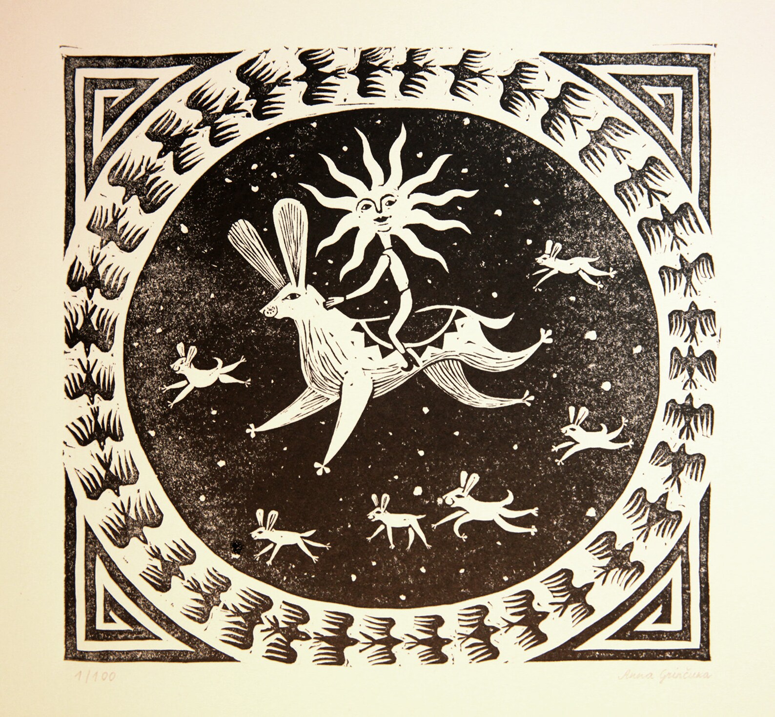 Linocut Print Sun Celestial Hare Rabbit Bunny - Etsy