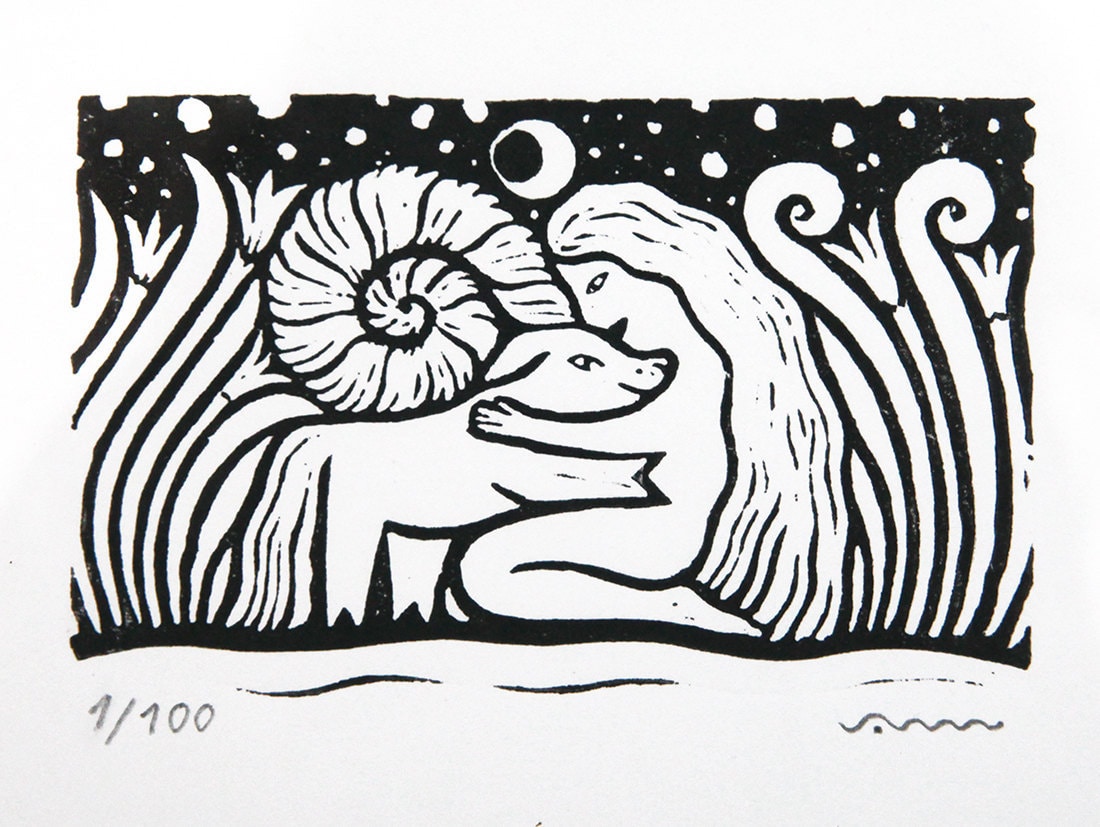 Miniature Goat linocut Solstice Lino Block Print Folk Art Oaktree ...