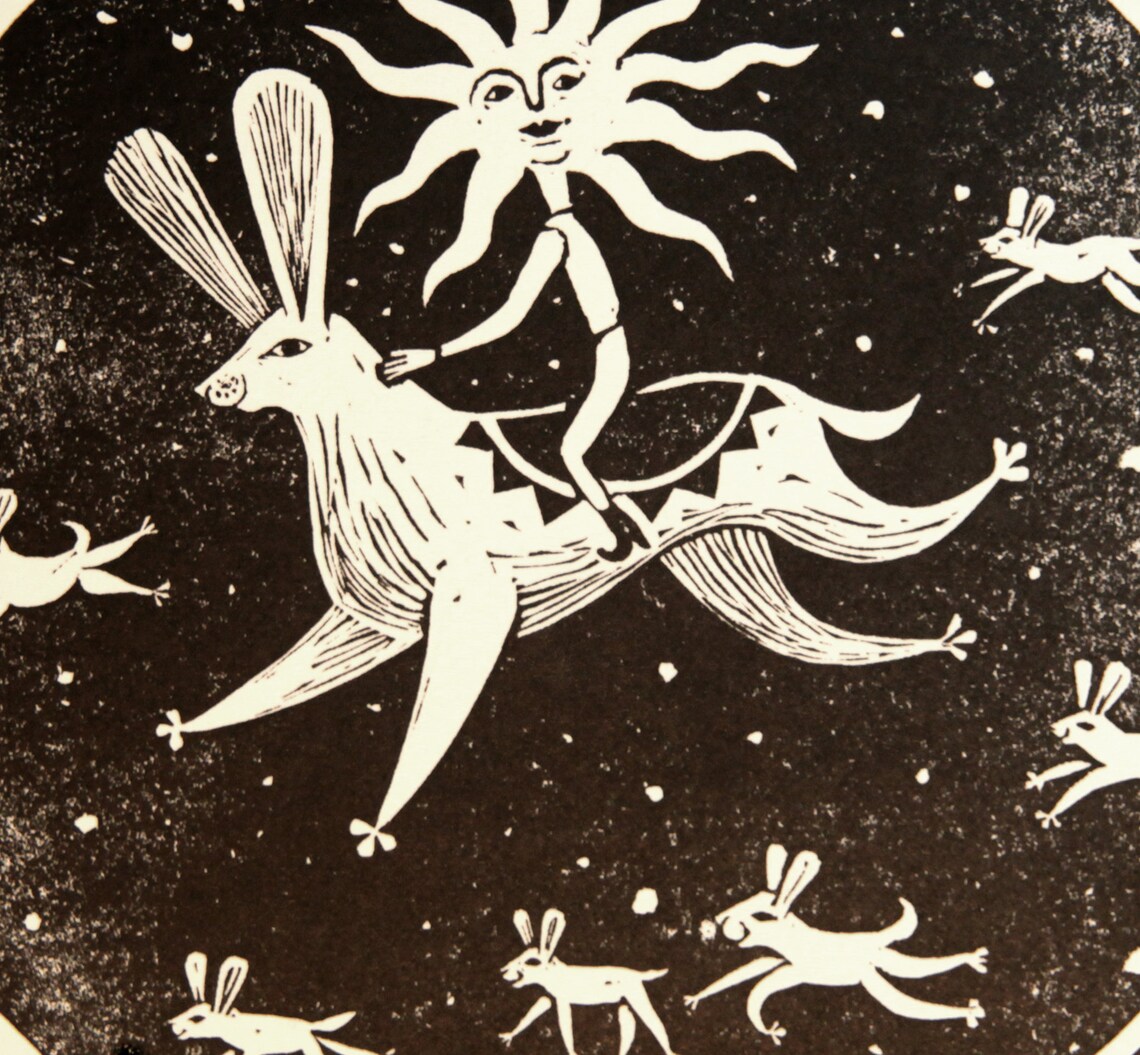 Linocut Print Sun Celestial Hare Rabbit Bunny | Etsy