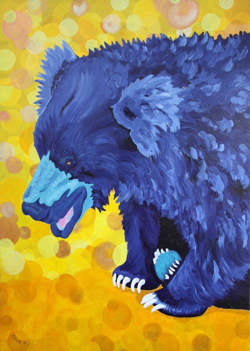 Bear, Sloth Bear, Original Acrylic "blue Bhalu" Blue Yellow Fun Vibrant ...