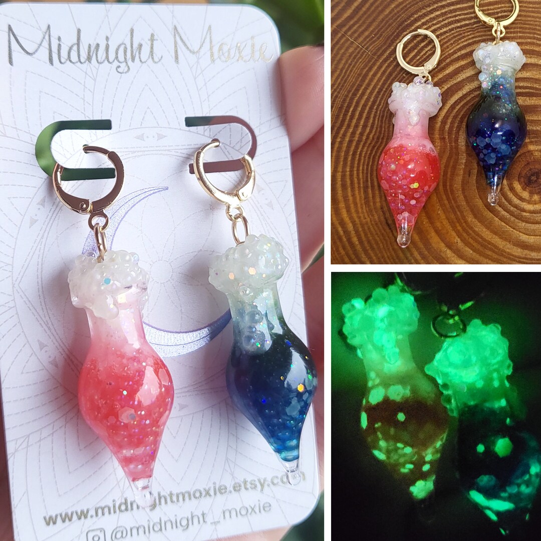 Bubbling Over Potion Earrings 18k Gold Plated Glow Glitter Health Mana ...