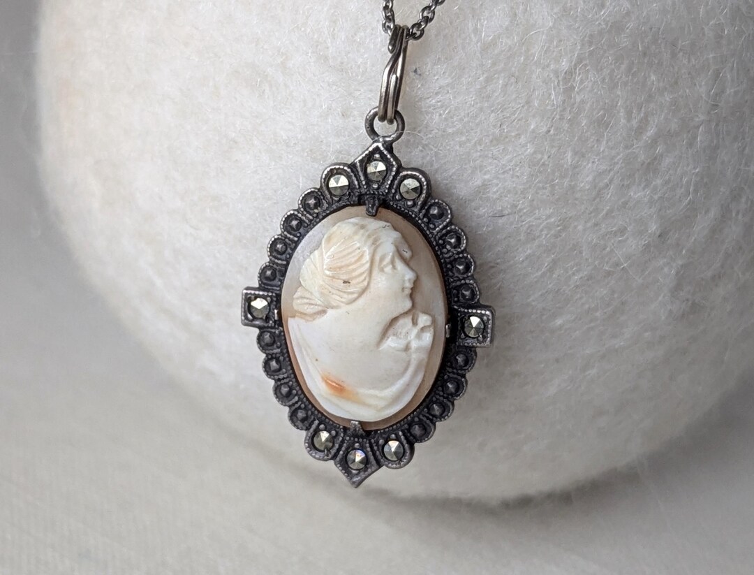 Vintage Sterling Silver and Marcasite Cameo Pendant Necklace, Woman ...