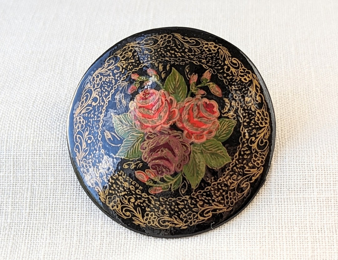 Vintage Russian Floral Roses Lacquer Brooch, Vintage Palekh Brooch ...