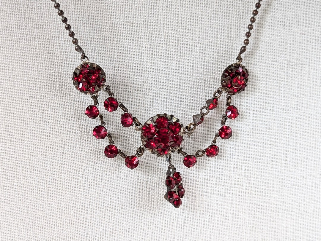 Vintage Red Rhinestone Necklace, Sparkle Necklace, Red Rhinestones ...