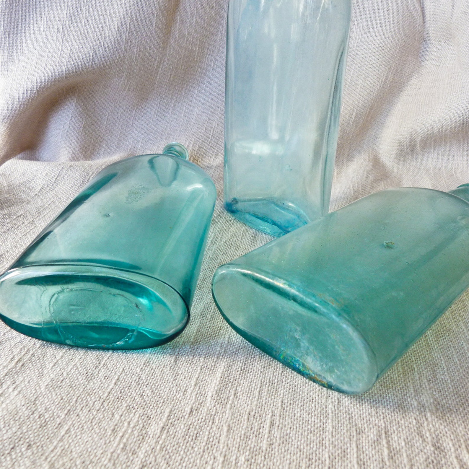 Antique Glass Bottles Lot of 3 Vintage Aqua Flask Bottles | Etsy