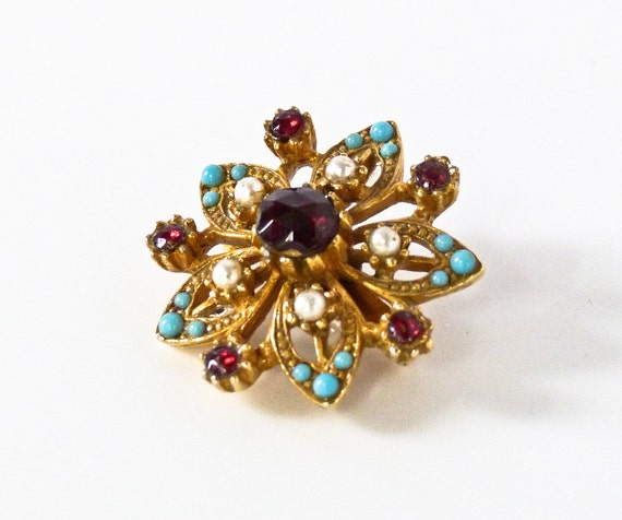 Items Similar To Vintage Brass Rhinestone Floral Brooch In Red And Blue