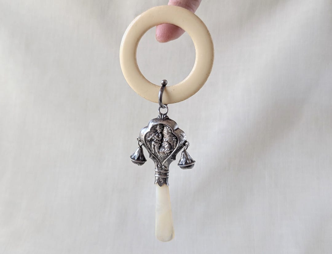 Vintage Sterling Silver and Mother of Pearl Baby Rattle With Bells ...