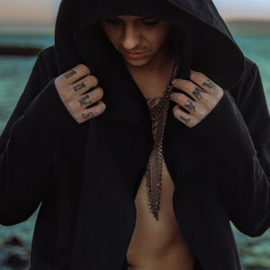 Wanderer Double-hood Wrap Asymmetrical Cyberpunk Dystopian Jacket Black ...