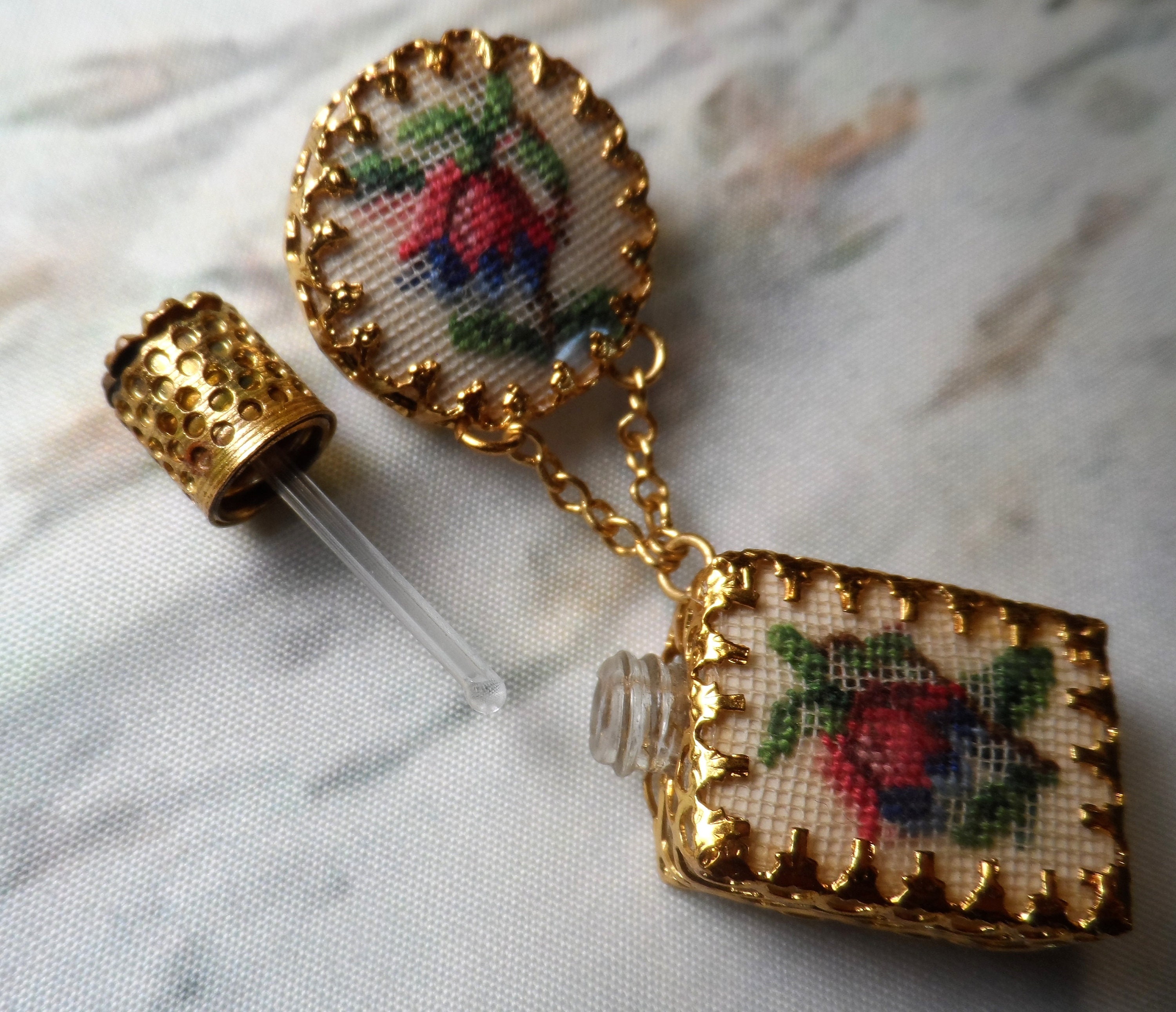 Antique Double Austrian Petit Point, Glass Chatelaine Perfume Bottle ...
