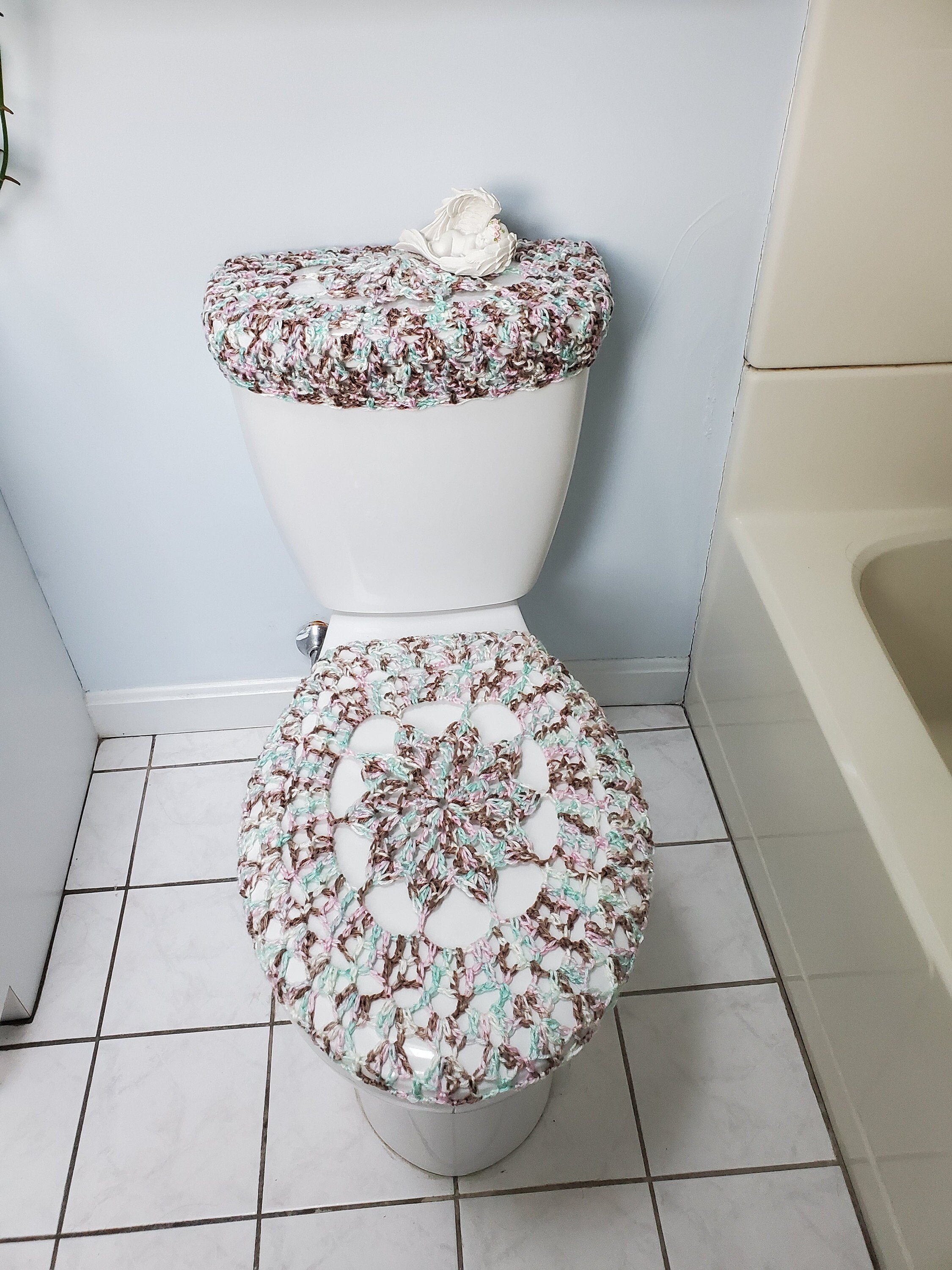 A Set of 2 a Crochet Toilet Seat Cover and a Tank Lid Cover Tea Party TTLTSC30D Etsy UK