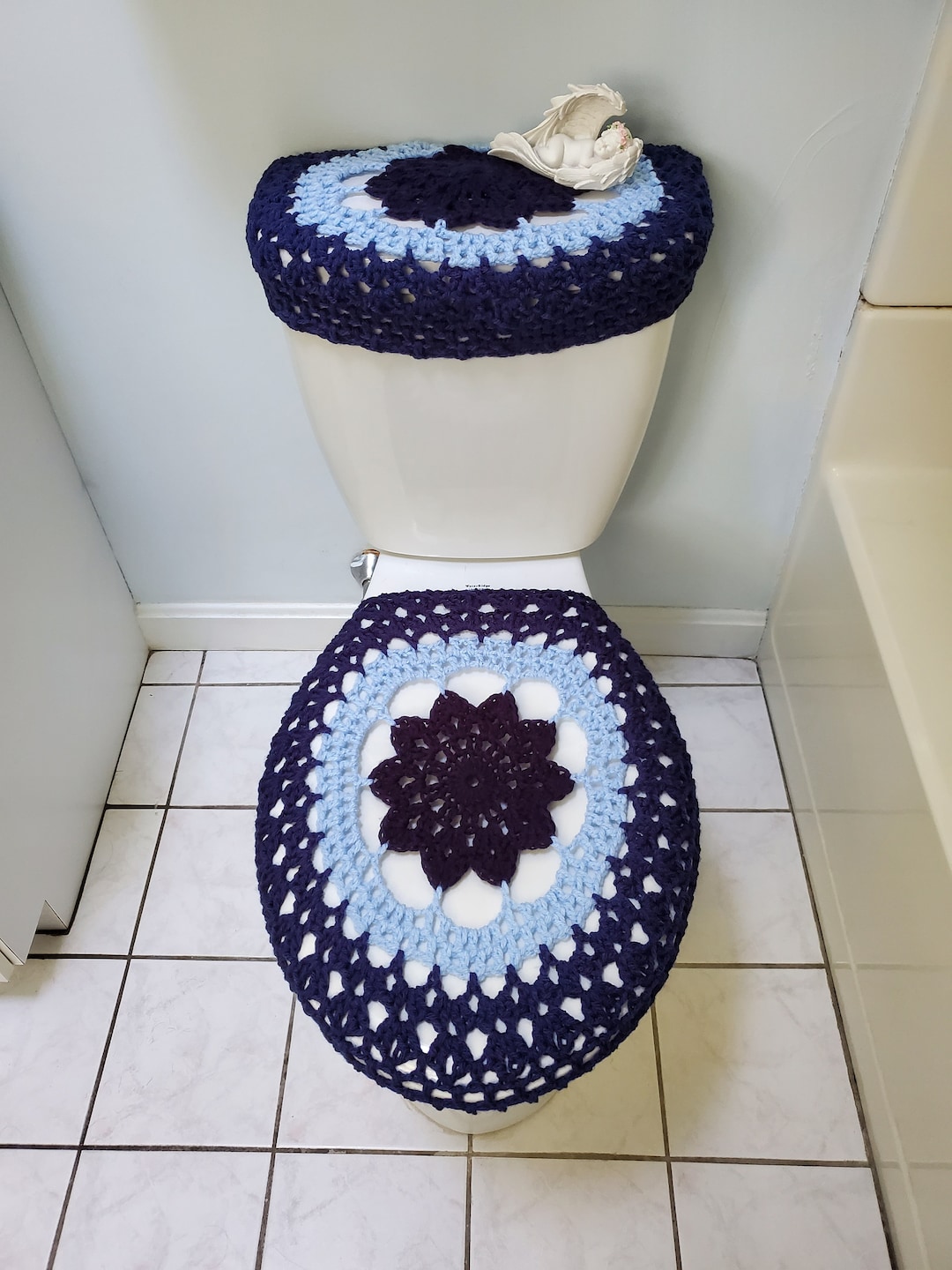 A Set of 2 - a Crochet Toilet Seat Cover and a Tank Lid Cover - Navy ...