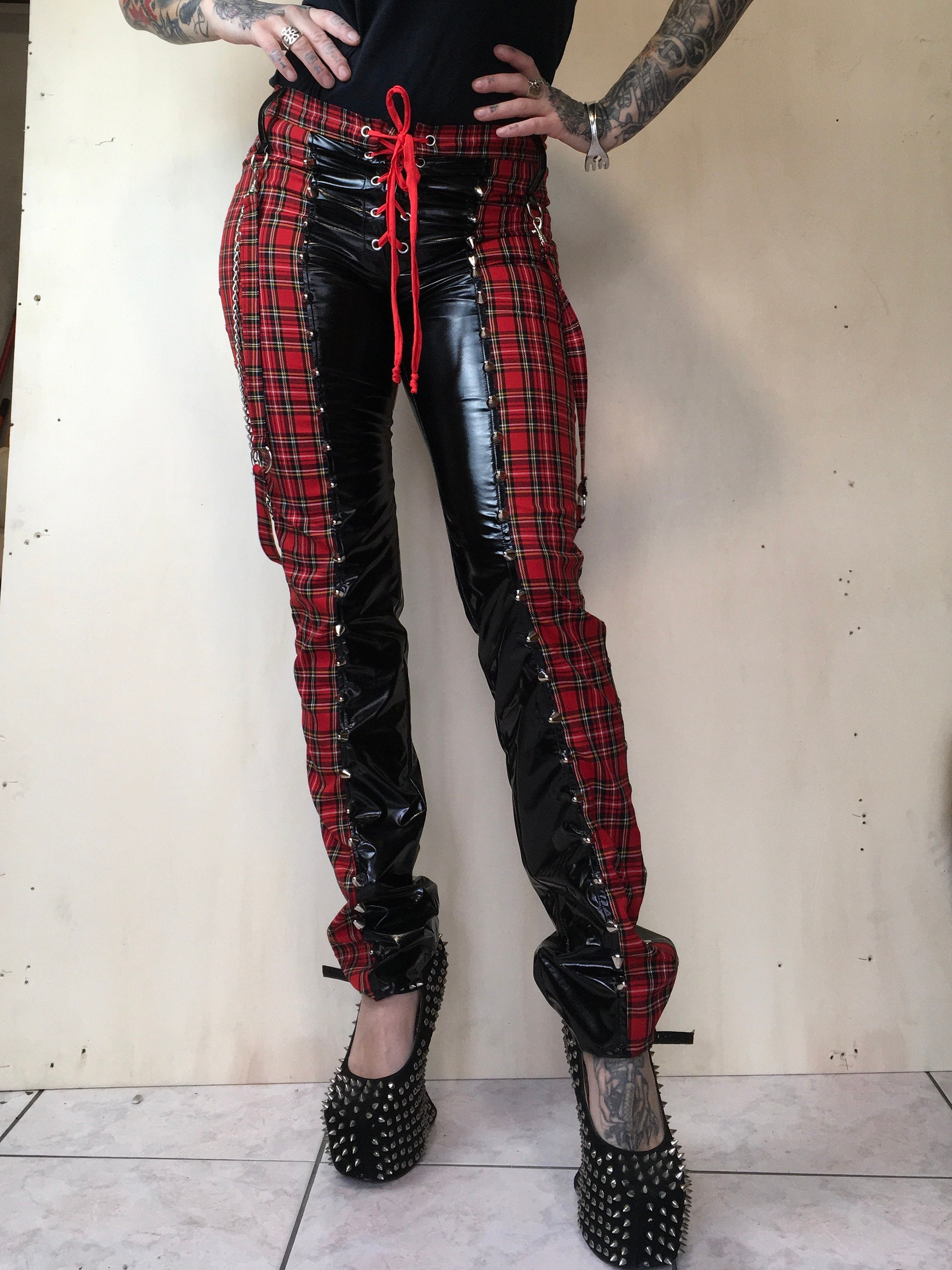 Studded Pants Punk Rocker Tartan and Pvc Tight Pants - Etsy