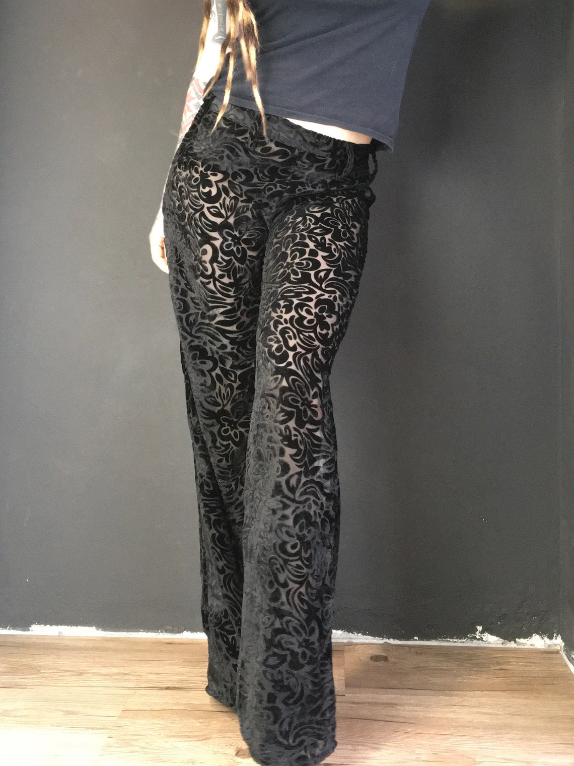 Black See Through Pants, Floral Wide Leg Pants - Etsy