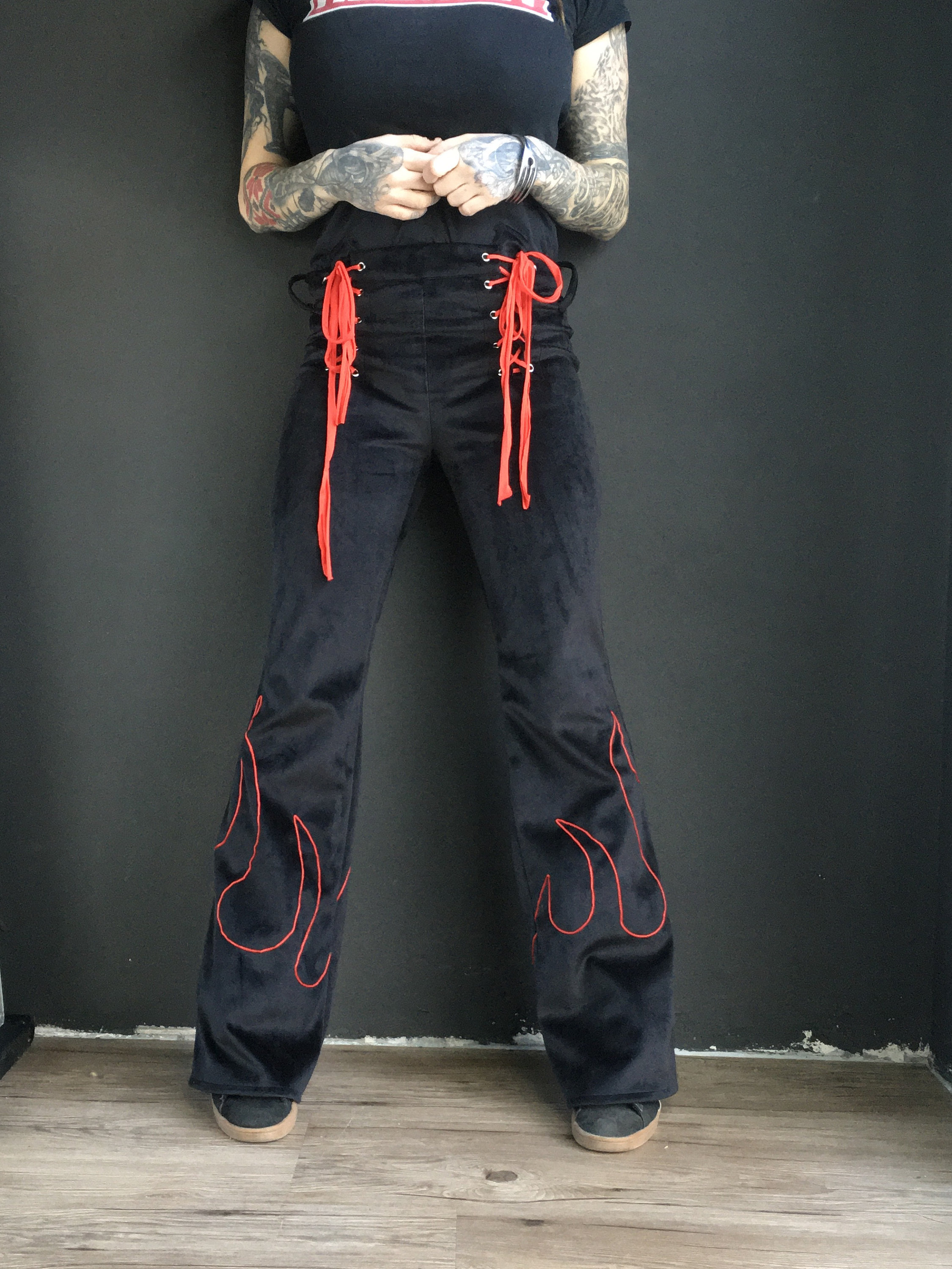 Velvet Pants With Fire, Lace up Bell Pants, Boot Cut Pants - Etsy