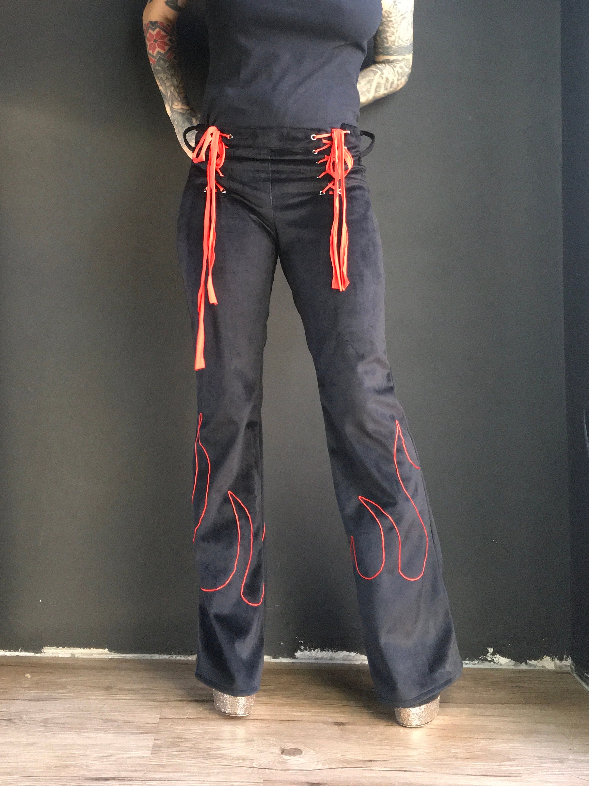 Velvet Pants With Fire, Lace up Bell Pants, Boot Cut Pants - Etsy