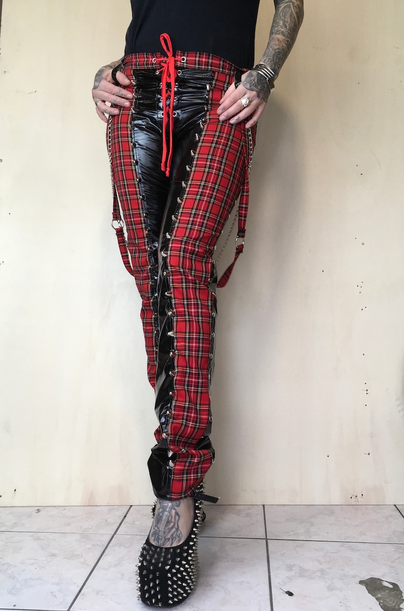 Studded Pants Punk Rocker Tartan and Pvc Tight Pants - Etsy