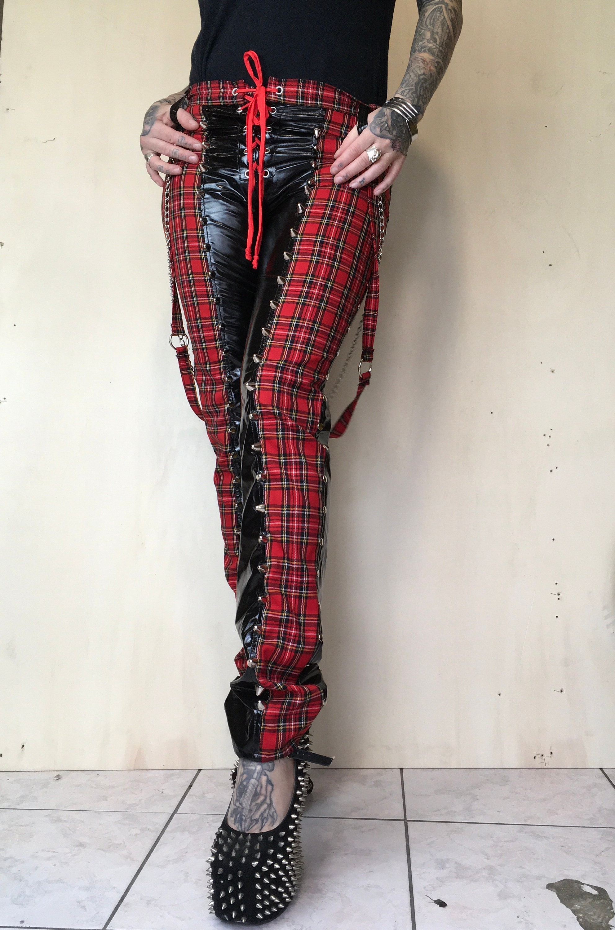 Studded Pants Punk Rocker Tartan and Pvc Tight Pants - Etsy