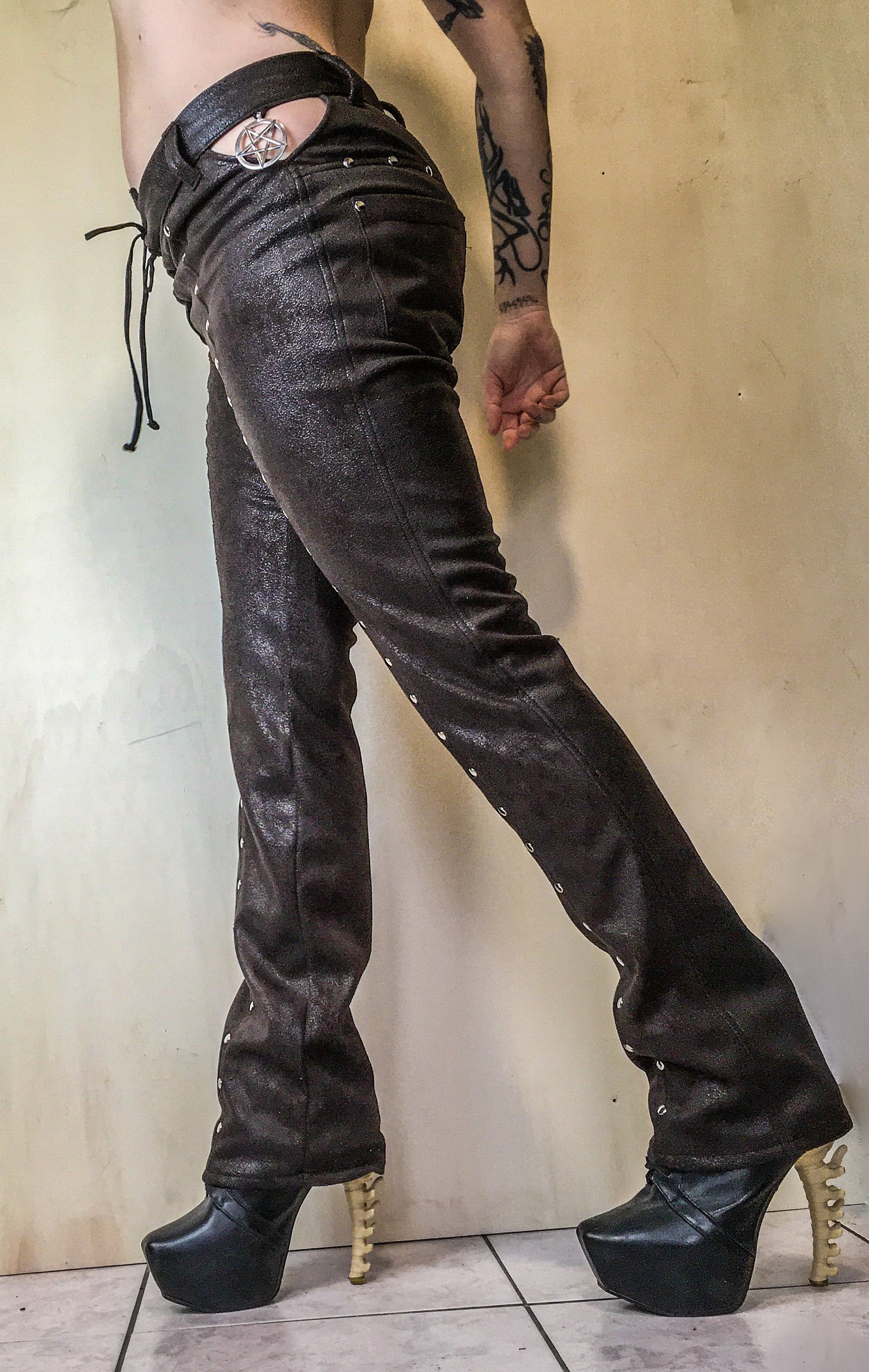 Brown Faux Leather Pants With Studs and Pentagram - Etsy