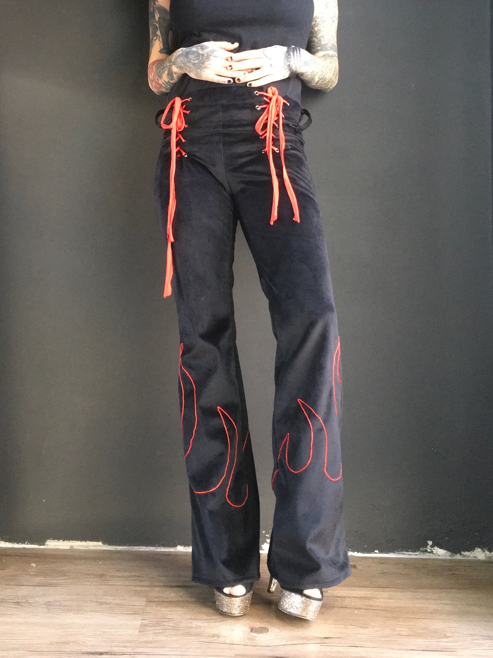 Velvet Pants With Fire, Lace up Bell Pants, Boot Cut Pants - Etsy