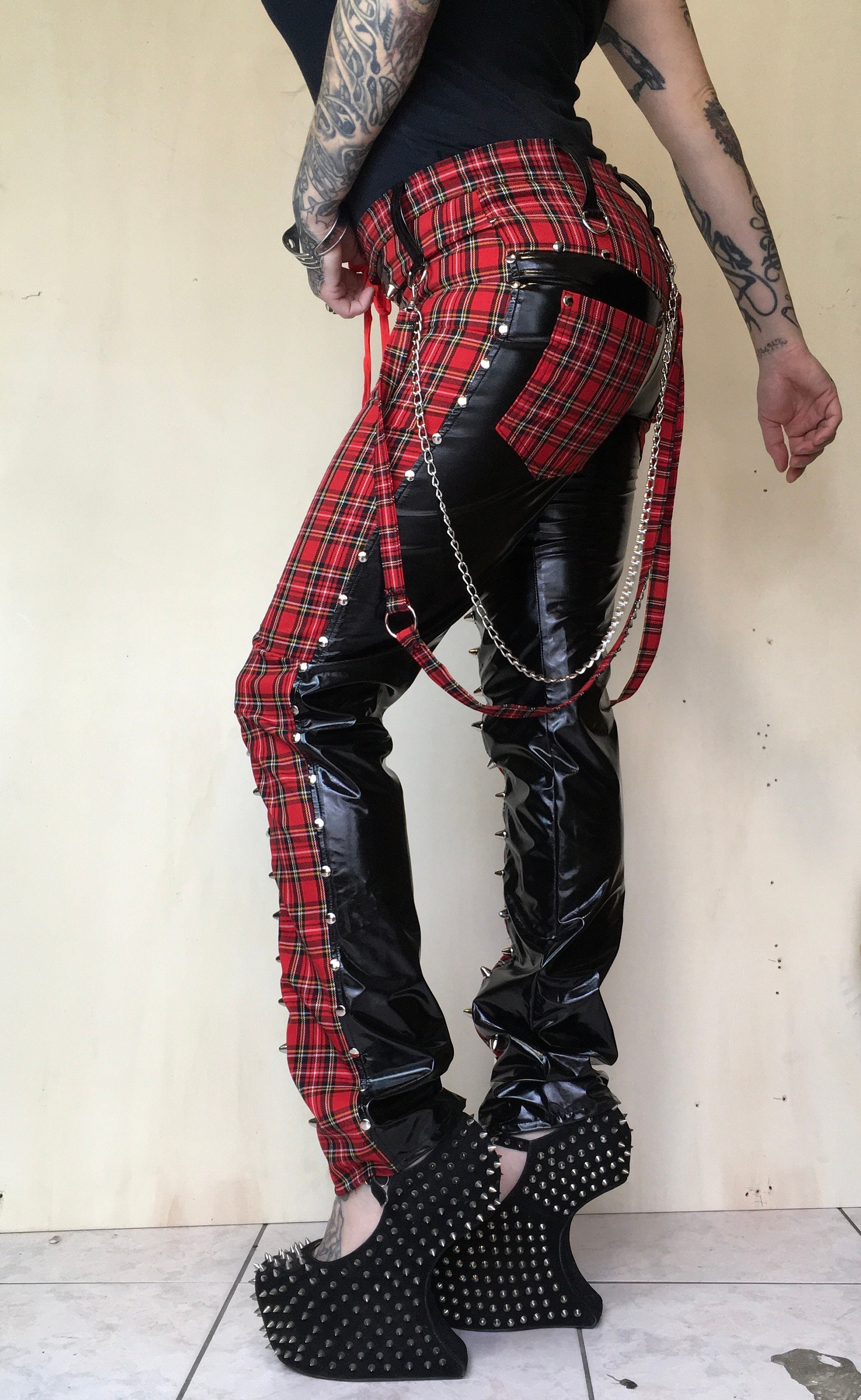 Studded Pants, Punk Rocker Tartan and Pvc Tight Pants - Etsy