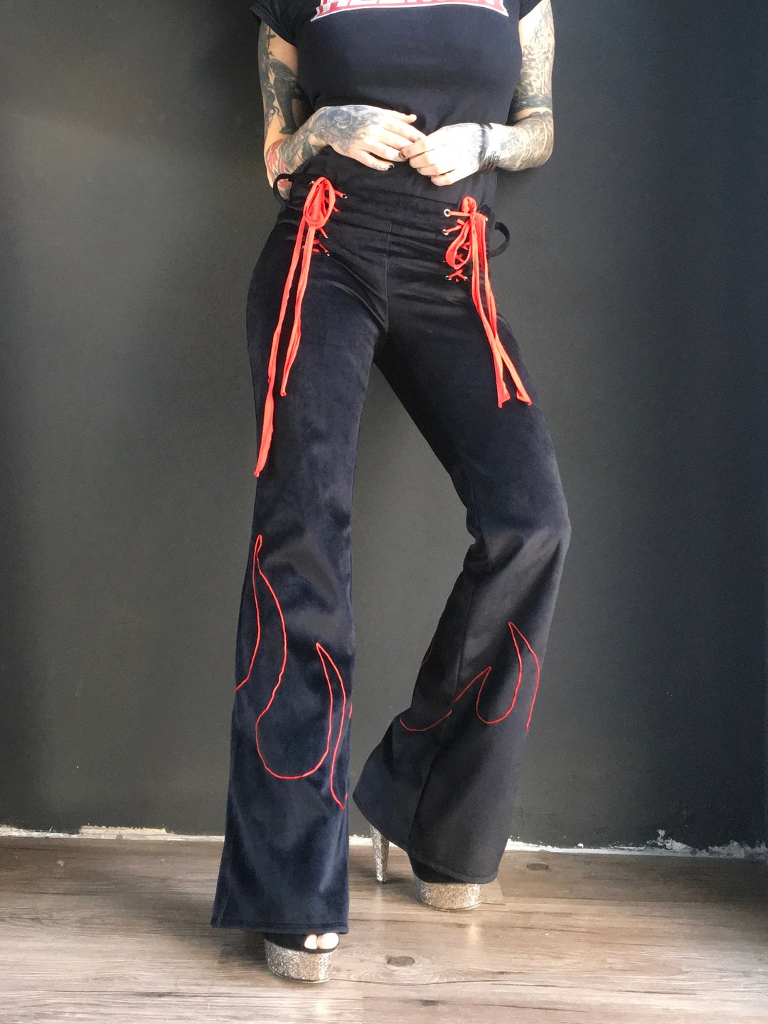 Velvet Pants With Fire, Lace up Bell Pants, Boot Cut Pants - Etsy