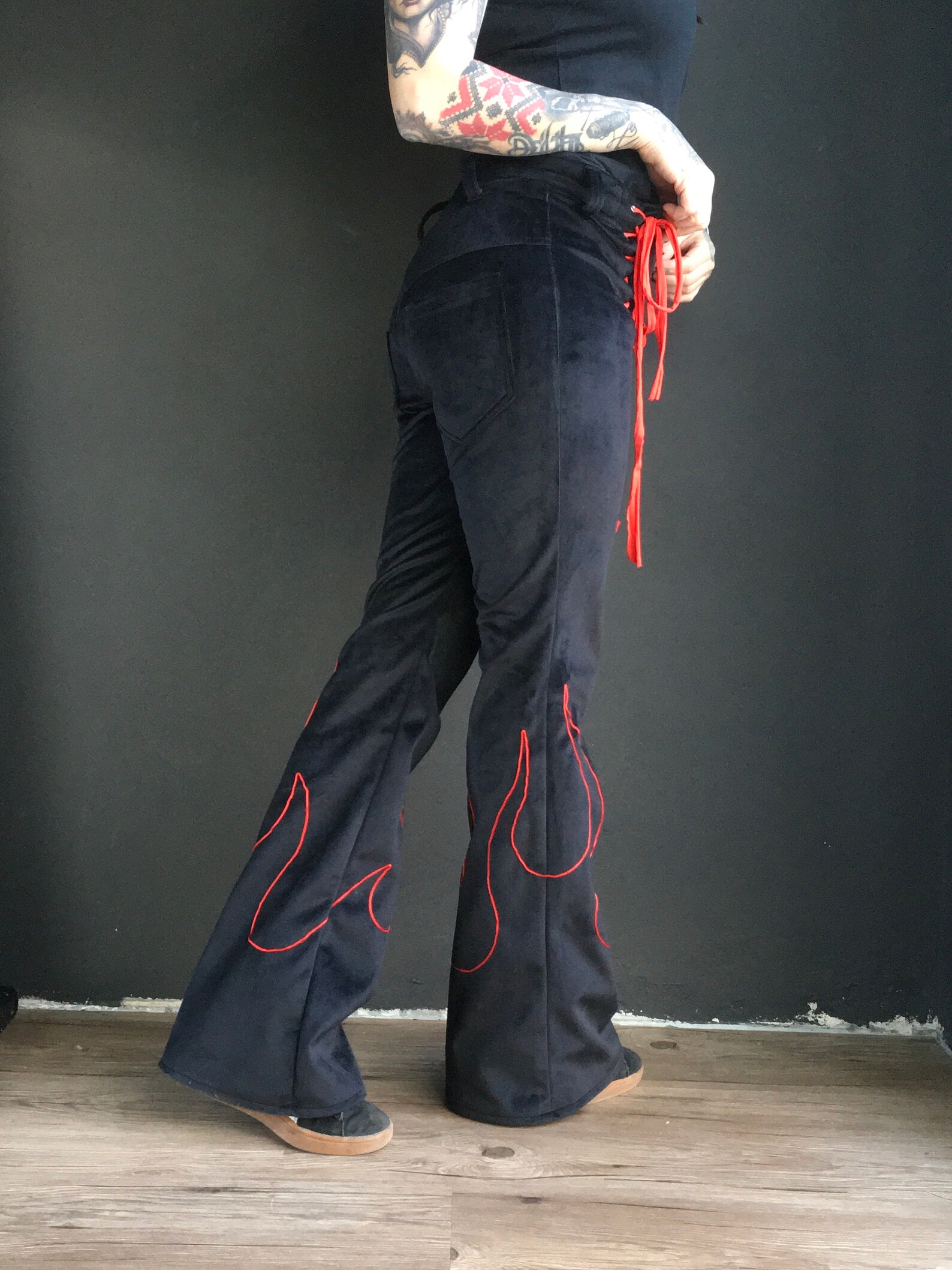 Velvet Pants With Fire, Lace up Bell Pants, Boot Cut Pants - Etsy