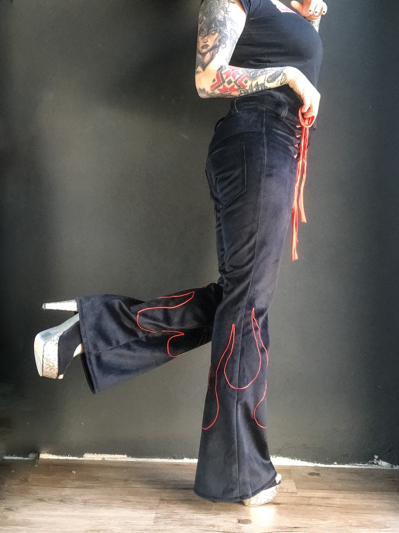 Velvet Pants With Fire Lace up Bell Pants Boot Cut Pants - Etsy