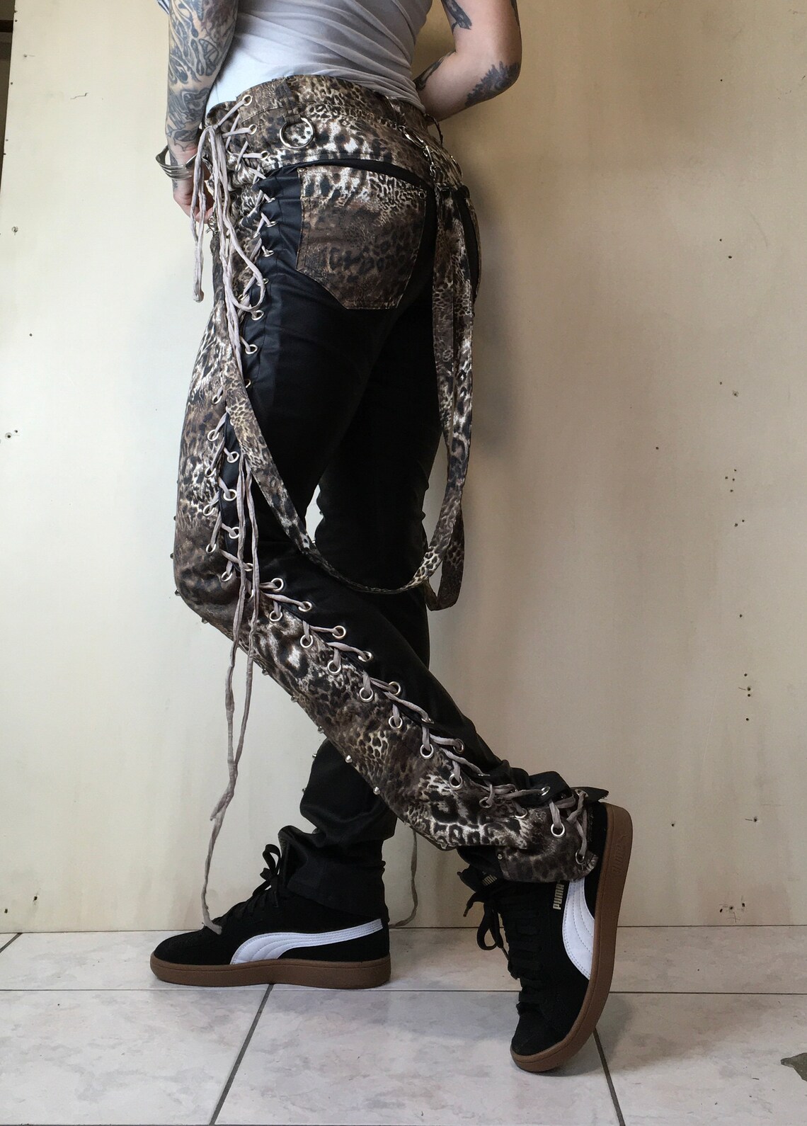 Stretchy Faux Leather and Leopard Pants for Women Punk Pants - Etsy