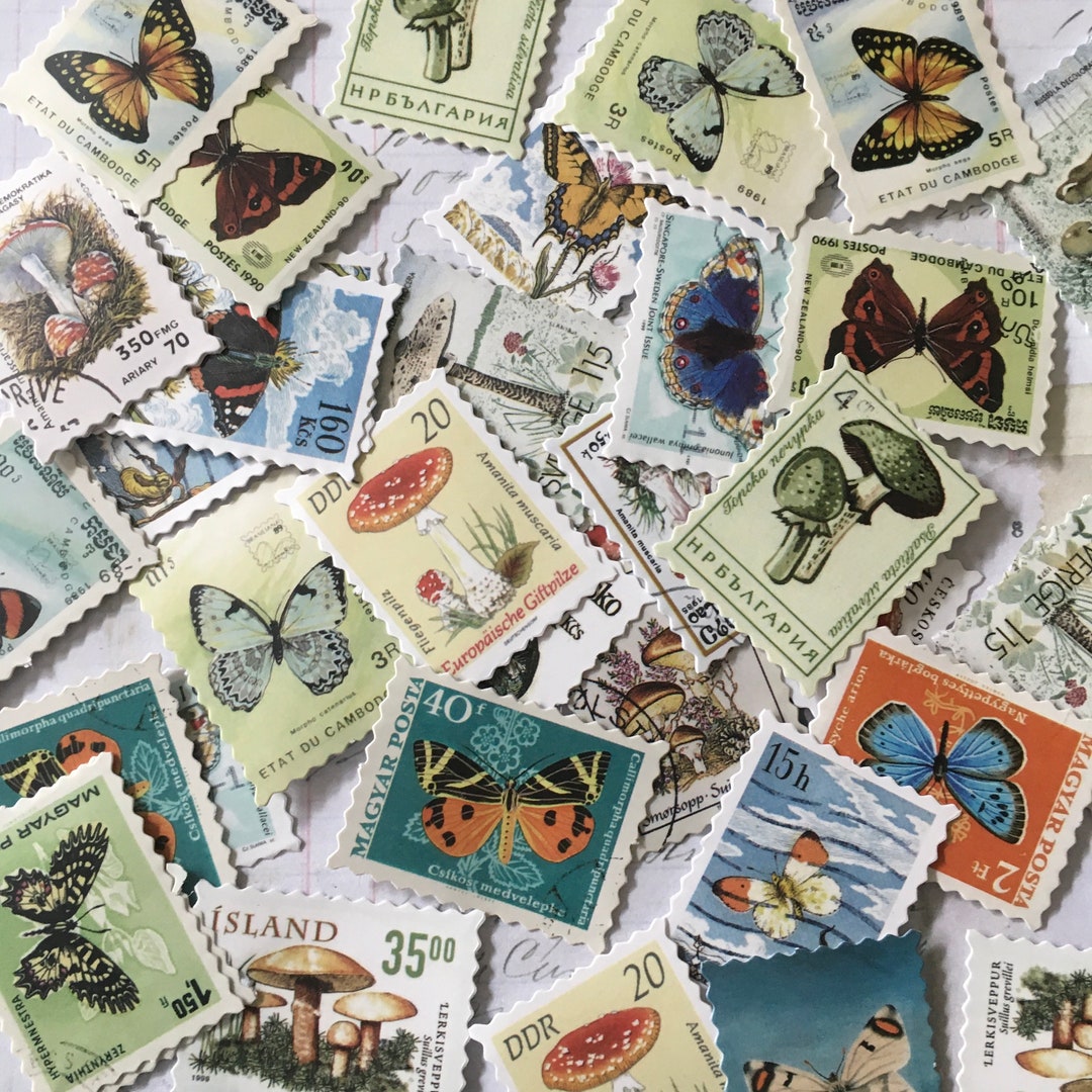 Sticker Pack / 46 Pc. Vintage Style Butterfly & Mushroom Sticker Stamps ...