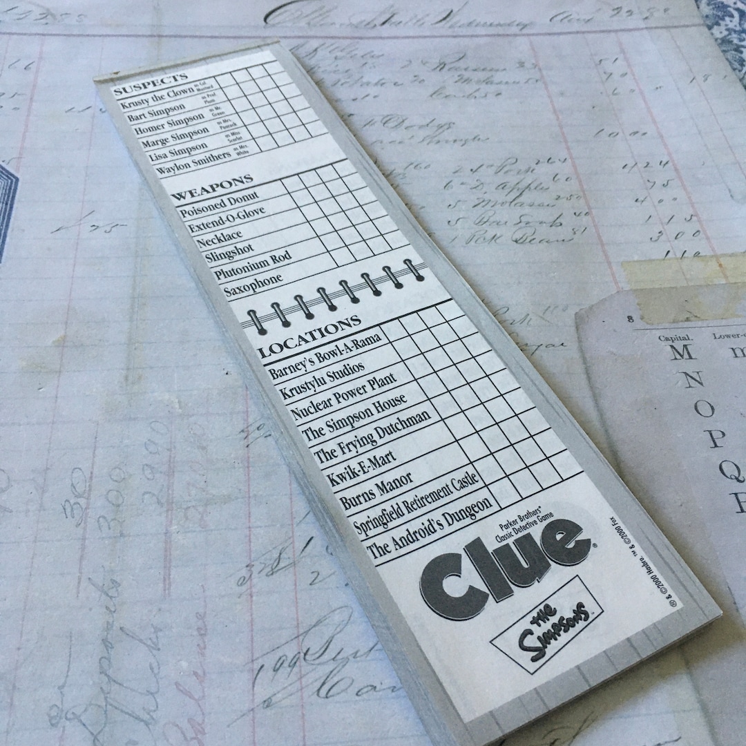 CLUE Simpsons / Vintage the Simpsons Clue Score Sheets 19 Pcs. Great ...