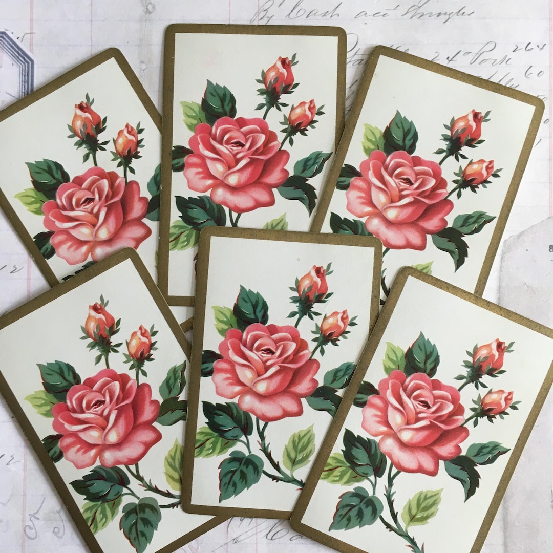 ROSE Cards / 6 Vintage Pink Roses Floral Playing Cards for Mixed Media ...