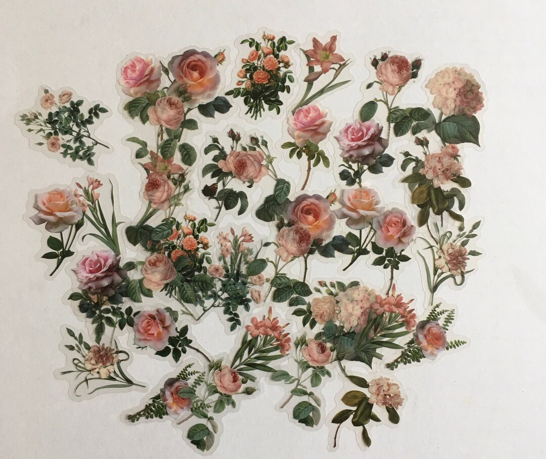 Floral Stickers / 40 Pink Floral Stickers Roses and Flowers W/leaves ...