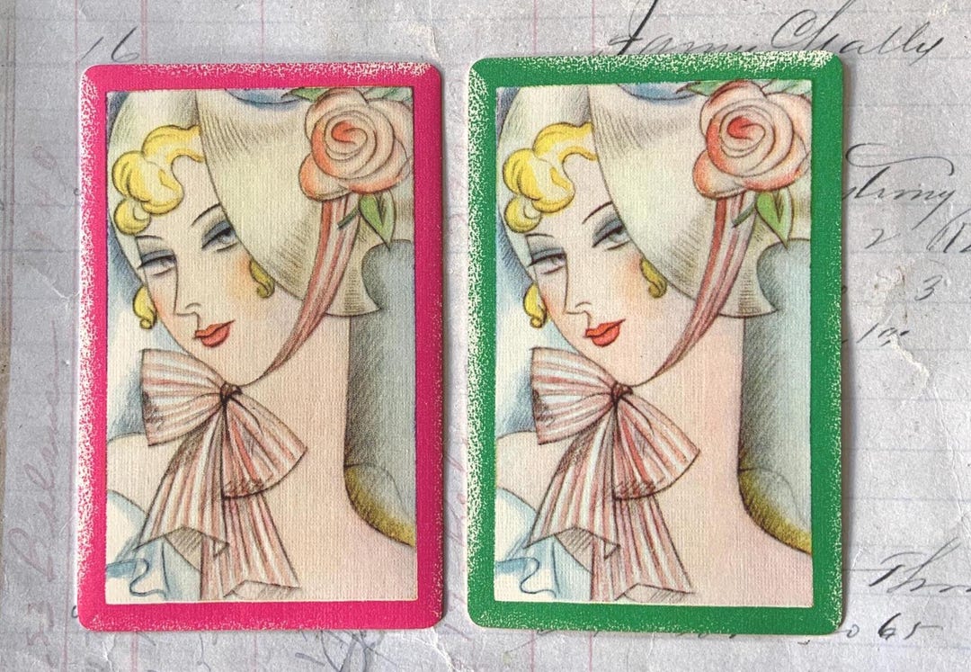 Woman Cards / 2 Vintage Fancy Lady Playing Cards Pink & Green -- Great ...