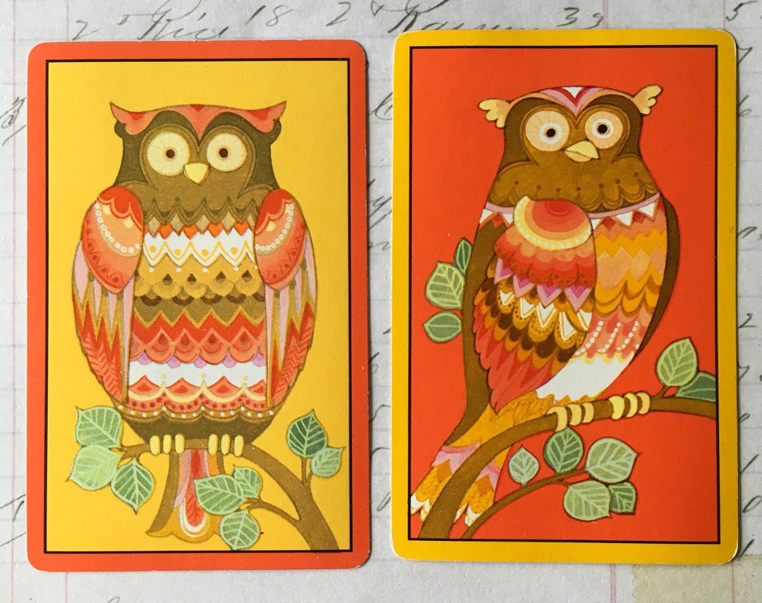 Owl Cards/ 2 Vintage Owl Cards Orange & Yellow Retro Great for Journals ...
