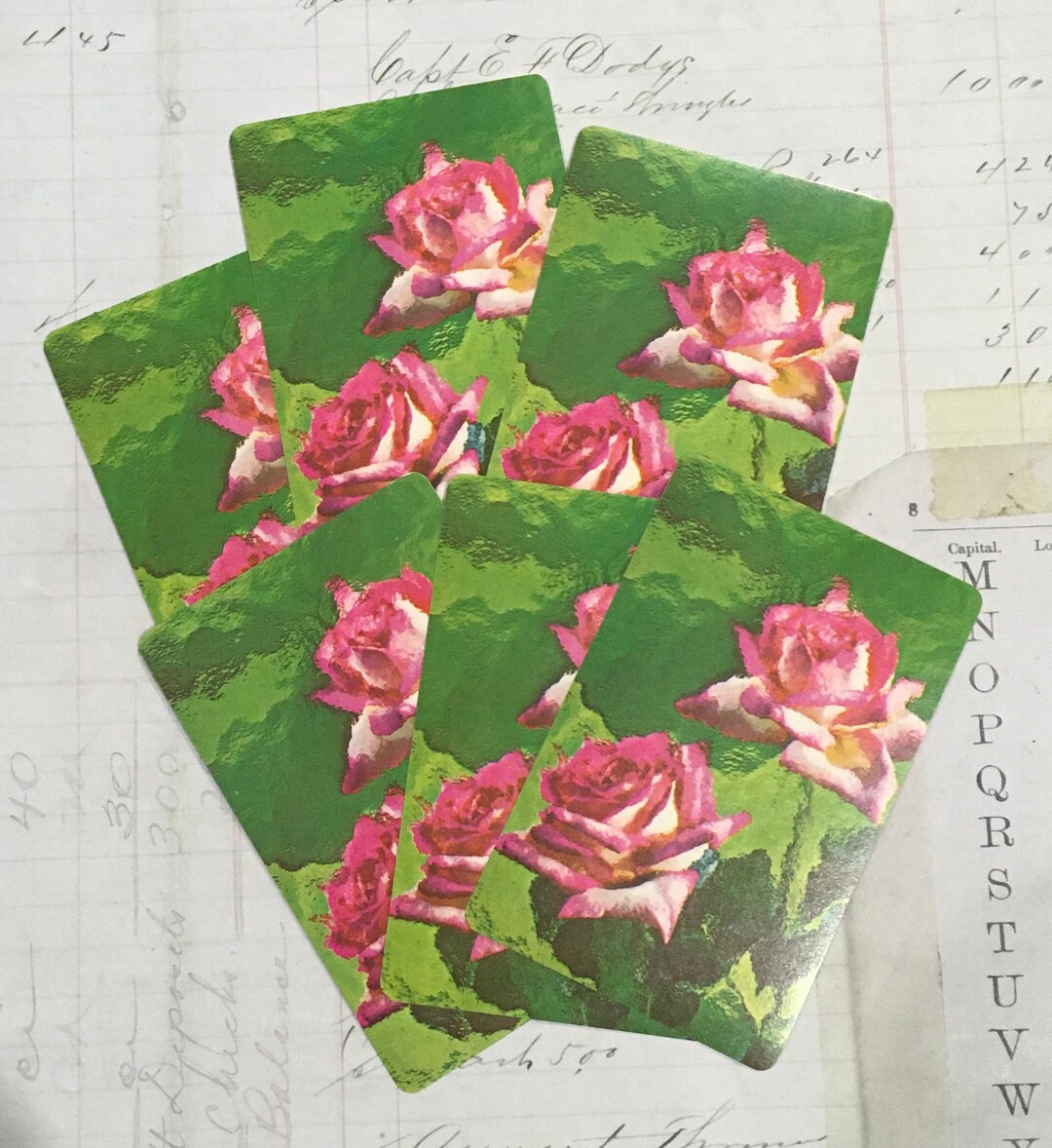ROSE Cards / 6 Vintage Pink Roses Floral Playing Cards for Mixed Media ...