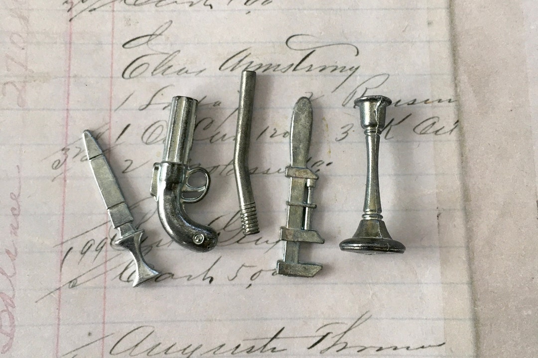 Clue Tokens / 5 Clue Game Tokens Pistol, Candlestick, Lead Pipe, Wrench ...