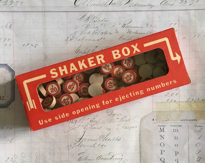 BINGO Numbers / 73 Vintage Red Bingo Game Pieces in a BINGO Shaker Box ...