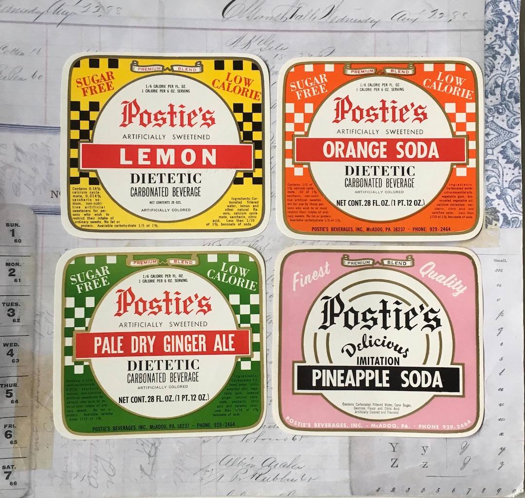 SODA Labels / 4 Vintage Soda Labels POSTIE'S Brand -- Great for ...